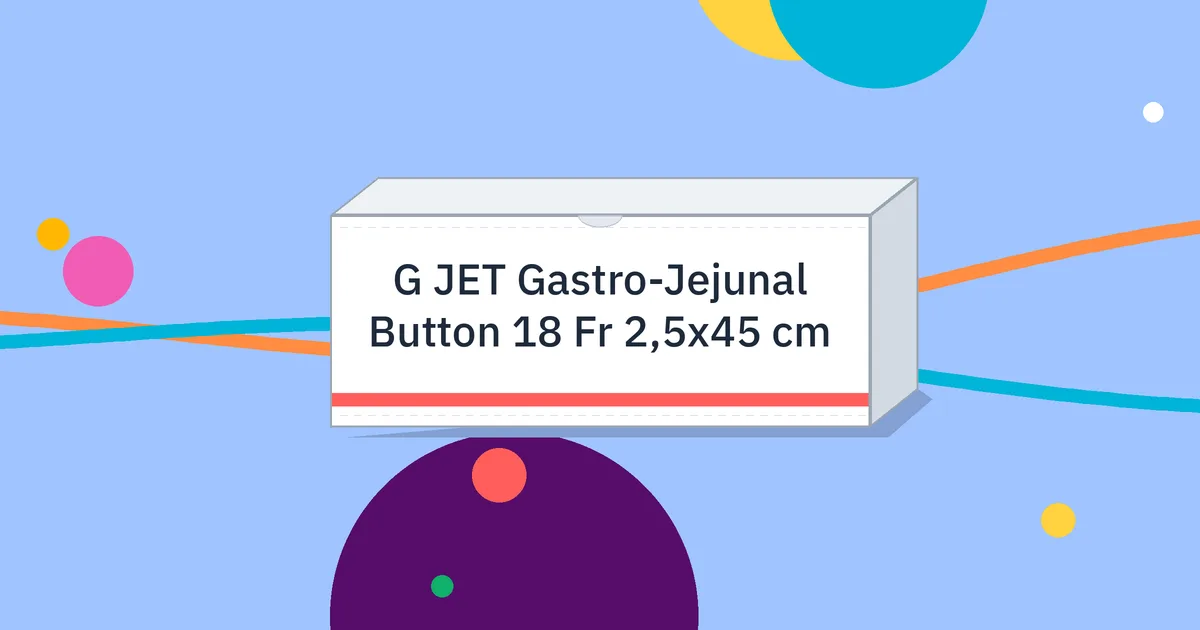 Symbolbild: Packung mit der Aufschrift G JET Gastro-Jejunal Button 18 Fr 2,5x45 cm (PZN 14343554) – Verfügbarkeit und Bezug in Apotheken in Frankfurt am Main