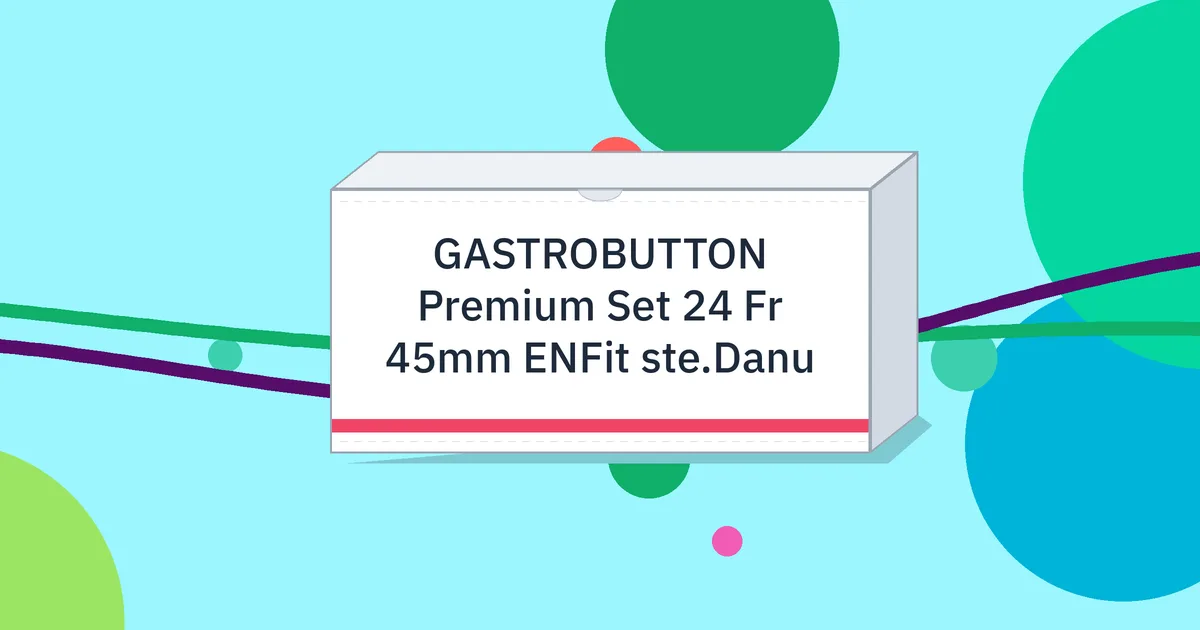 Symbolbild: Packung mit der Aufschrift GASTROBUTTON Premium Set 24 Fr 45mm ENFit ste.Danu (PZN 16884219) – Verfügbarkeit und Bezug in Apotheken in Frankfurt am Main