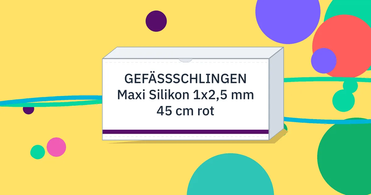 Symbolbild: Packung mit der Aufschrift GEFÄSSSCHLINGEN Maxi Silikon 1x2,5 mm 45 cm rot (PZN 04500679) – Verfügbarkeit und Bezug in Apotheken in Frankfurt am Main