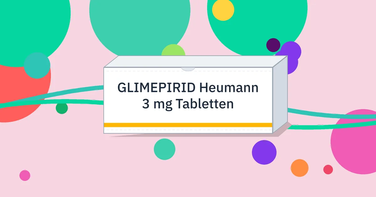 Symbolbild: Packung mit der Aufschrift GLIMEPIRID Heumann 3 mg Tabletten (PZN 04378876) – Verfügbarkeit und Bezug in Apotheken in Frankfurt am Main
