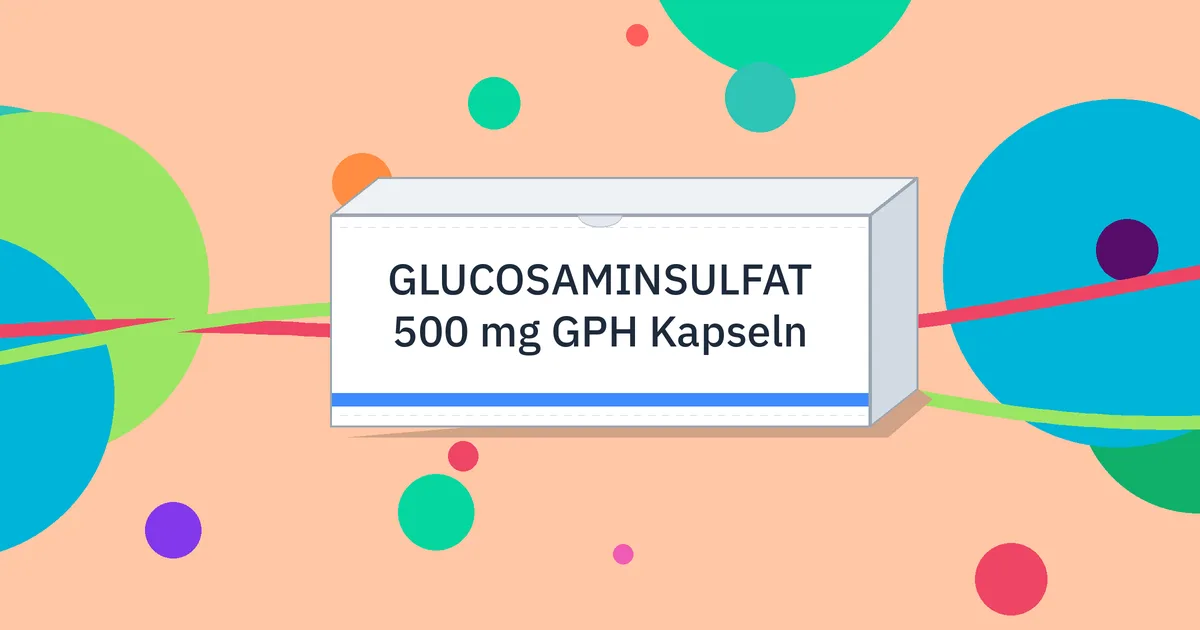Symbolbild: Packung mit der Aufschrift GLUCOSAMINSULFAT 500 mg GPH Kapseln (PZN 09749194) – Verfügbarkeit und Bezug in Apotheken in Frankfurt am Main