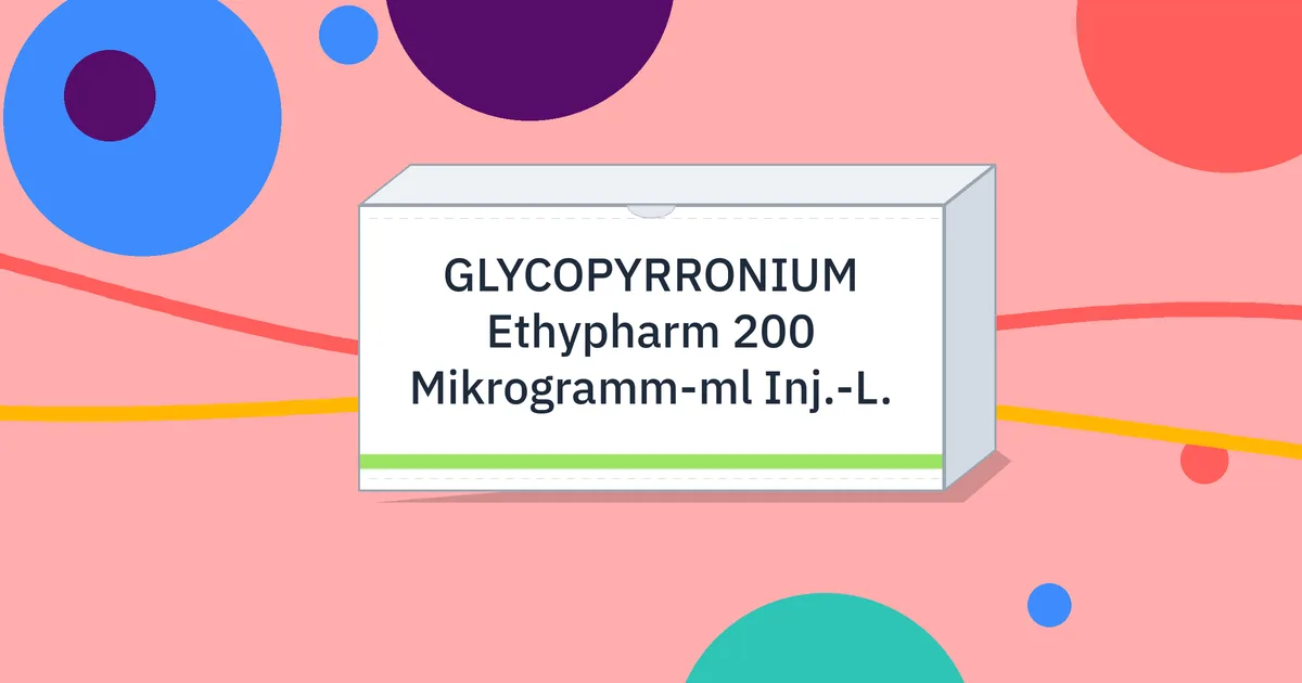 Symbolbild: Packung mit der Aufschrift GLYCOPYRRONIUM Ethypharm 200 Mikrogramm-ml Inj.-L. (PZN 14326946) – Verfügbarkeit und Bezug in Apotheken in Frankfurt am Main