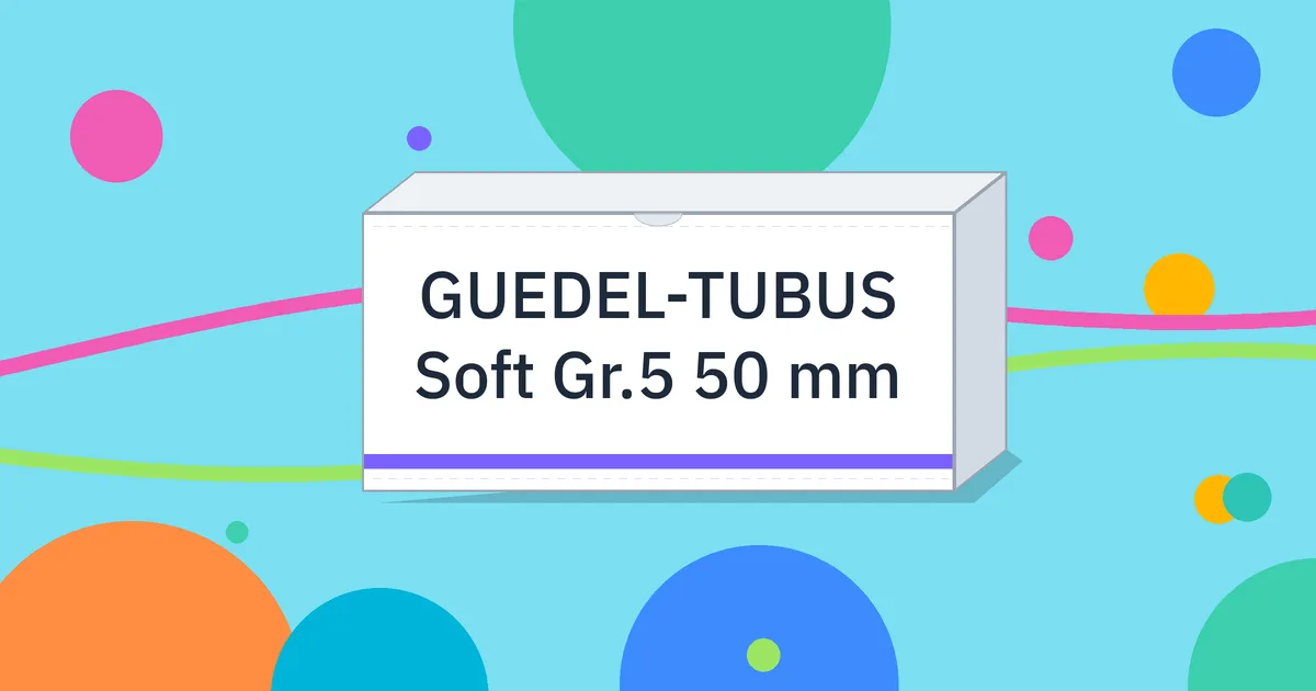 Symbolbild: Packung mit der Aufschrift GUEDEL-TUBUS Soft Gr.5 50 mm (PZN 15891128) – Verfügbarkeit und Bezug in Apotheken in Frankfurt am Main