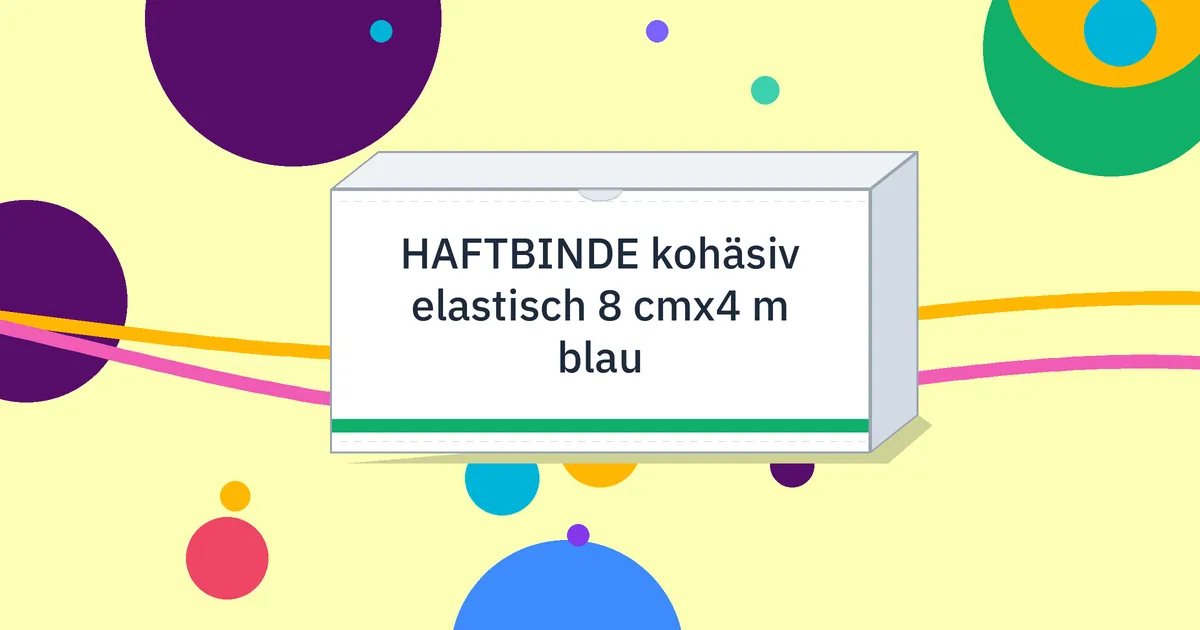 Symbolbild: Packung mit der Aufschrift HAFTBINDE kohäsiv elastisch 8 cmx4 m blau (PZN 10404359) – Verfügbarkeit und Bezug in Apotheken in Frankfurt am Main