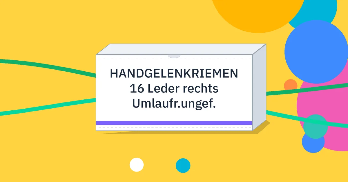 Symbolbild: Packung mit der Aufschrift HANDGELENKRIEMEN 16 Leder rechts Umlaufr.ungef. (PZN 03230479) – Verfügbarkeit und Bezug in Apotheken in Frankfurt am Main