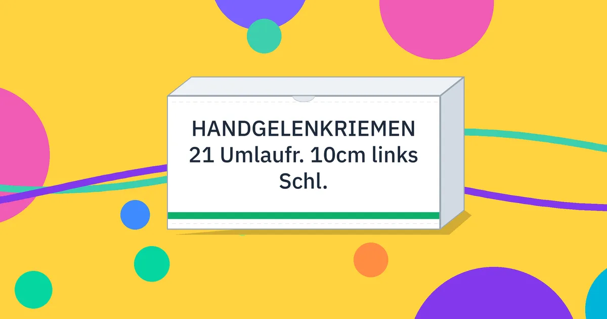 Symbolbild: Packung mit der Aufschrift HANDGELENKRIEMEN 21 Umlaufr. 10cm links Schl. (PZN 01963203) – Verfügbarkeit und Bezug in Apotheken in Frankfurt am Main