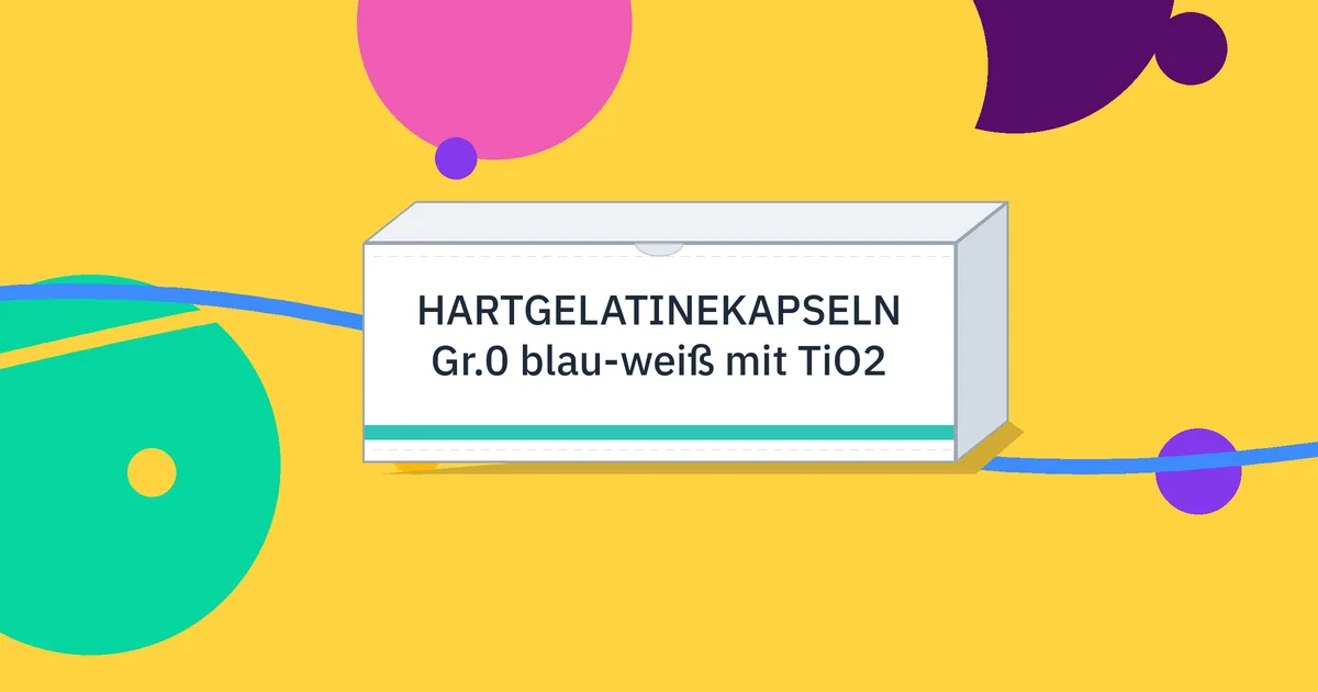 Symbolbild: Packung mit der Aufschrift HARTGELATINEKAPSELN Gr.0 blau-weiß mit TiO2 (PZN 18770224) – Verfügbarkeit und Bezug in Apotheken in Frankfurt am Main
