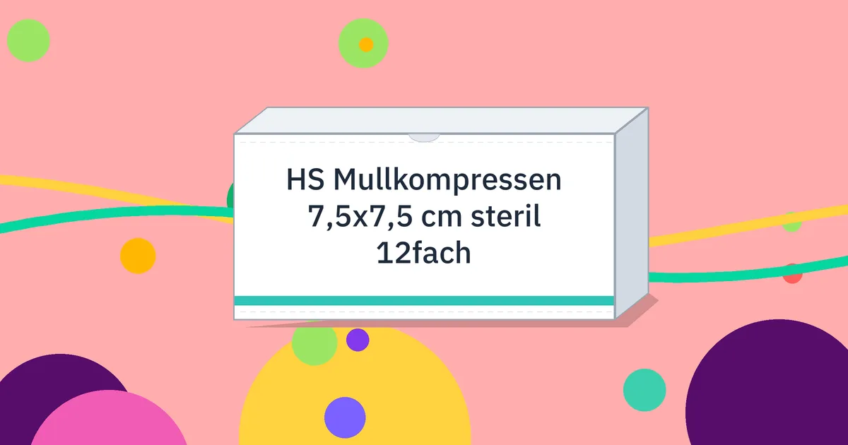 Symbolbild: Packung mit der Aufschrift HS Mullkompressen 7,5x7,5 cm steril 12fach (PZN 06436448) – Verfügbarkeit und Bezug in Apotheken in Frankfurt am Main