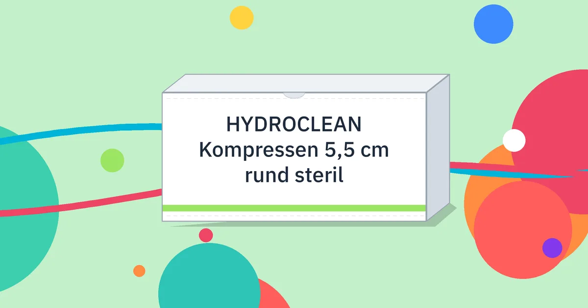 Symbolbild: Packung mit der Aufschrift HYDROCLEAN Kompressen 5,5 cm rund steril (PZN 15782416) – Verfügbarkeit und Bezug in Apotheken in Frankfurt am Main