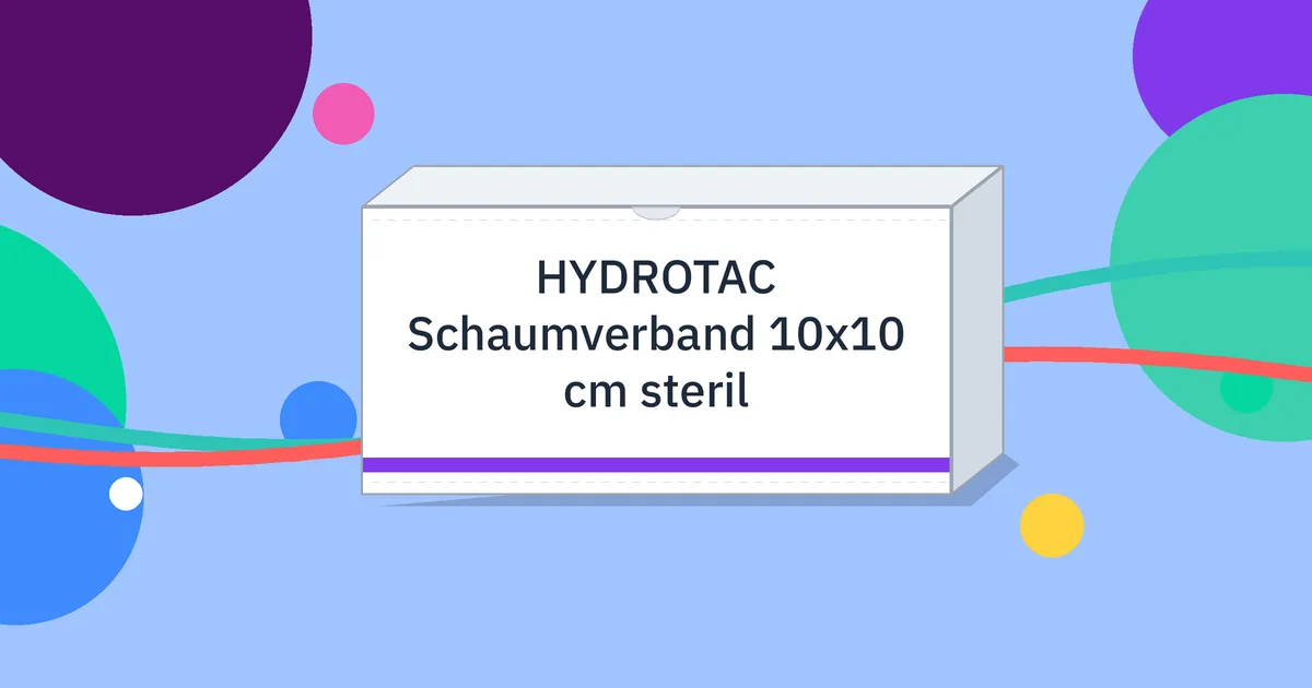 Symbolbild: Packung mit der Aufschrift HYDROTAC Schaumverband 10x10 cm steril (PZN 18125133) – Verfügbarkeit und Bezug in Apotheken in Frankfurt am Main