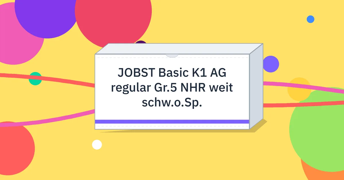 Symbolbild: Packung mit der Aufschrift JOBST Basic K1 AG regular Gr.5 NHR weit schw.o.Sp. (PZN 15309973) – Verfügbarkeit und Bezug in Apotheken in Frankfurt am Main