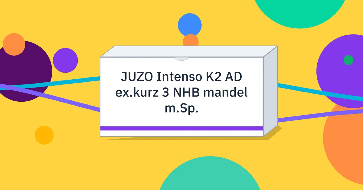 Symbolbild: Packung mit der Aufschrift JUZO Intenso K2 AD ex.kurz 3 NHB mandel m.Sp. (PZN 18611709) – Verfügbarkeit und Bezug in Apotheken in Frankfurt am Main