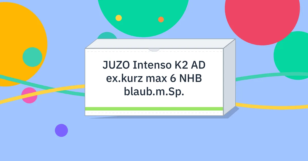 Symbolbild: Packung mit der Aufschrift JUZO Intenso K2 AD ex.kurz max 6 NHB blaub.m.Sp. (PZN 18610489) – Verfügbarkeit und Bezug in Apotheken in Frankfurt am Main