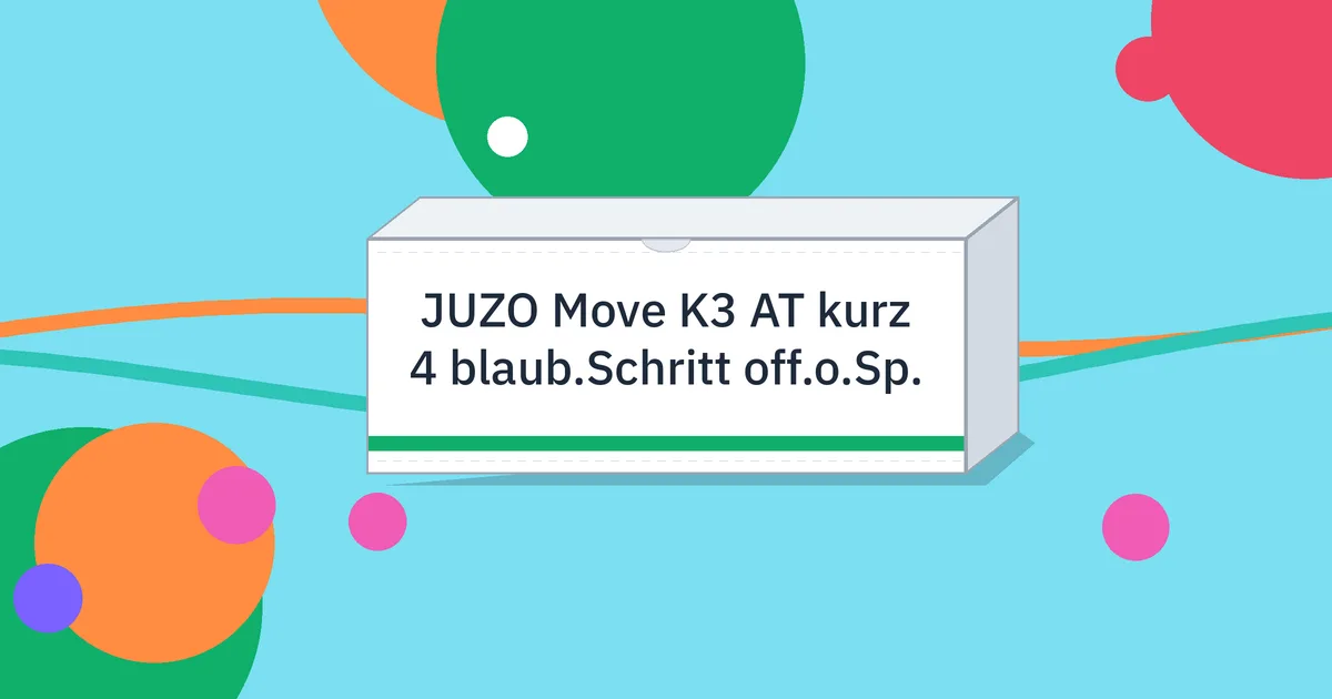 Symbolbild: Packung mit der Aufschrift JUZO Move K3 AT kurz 4 blaub.Schritt off.o.Sp. (PZN 20685276) – Verfügbarkeit und Bezug in Apotheken in Frankfurt am Main