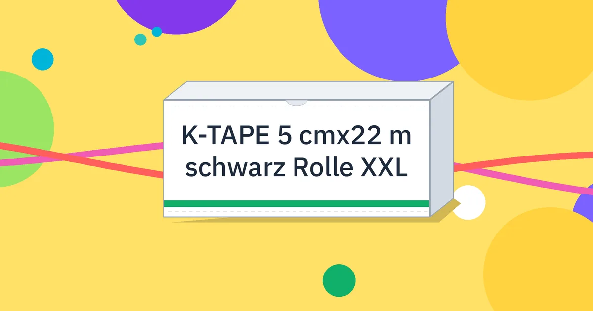 Symbolbild: Packung mit der Aufschrift K-TAPE 5 cmx22 m schwarz Rolle XXL (PZN 17455443) – Verfügbarkeit und Bezug in Apotheken in Frankfurt am Main