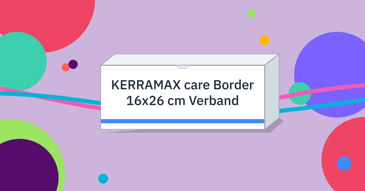 Symbolbild: Packung mit der Aufschrift KERRAMAX care Border 16x26 cm Verband (PZN 14201446) – Verfügbarkeit und Bezug in Apotheken in Frankfurt am Main