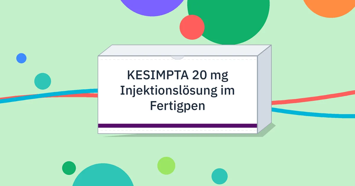 Symbolbild: Packung mit der Aufschrift KESIMPTA 20 mg Injektionslösung im Fertigpen (PZN 16507244) – Verfügbarkeit und Bezug in Apotheken in Frankfurt am Main