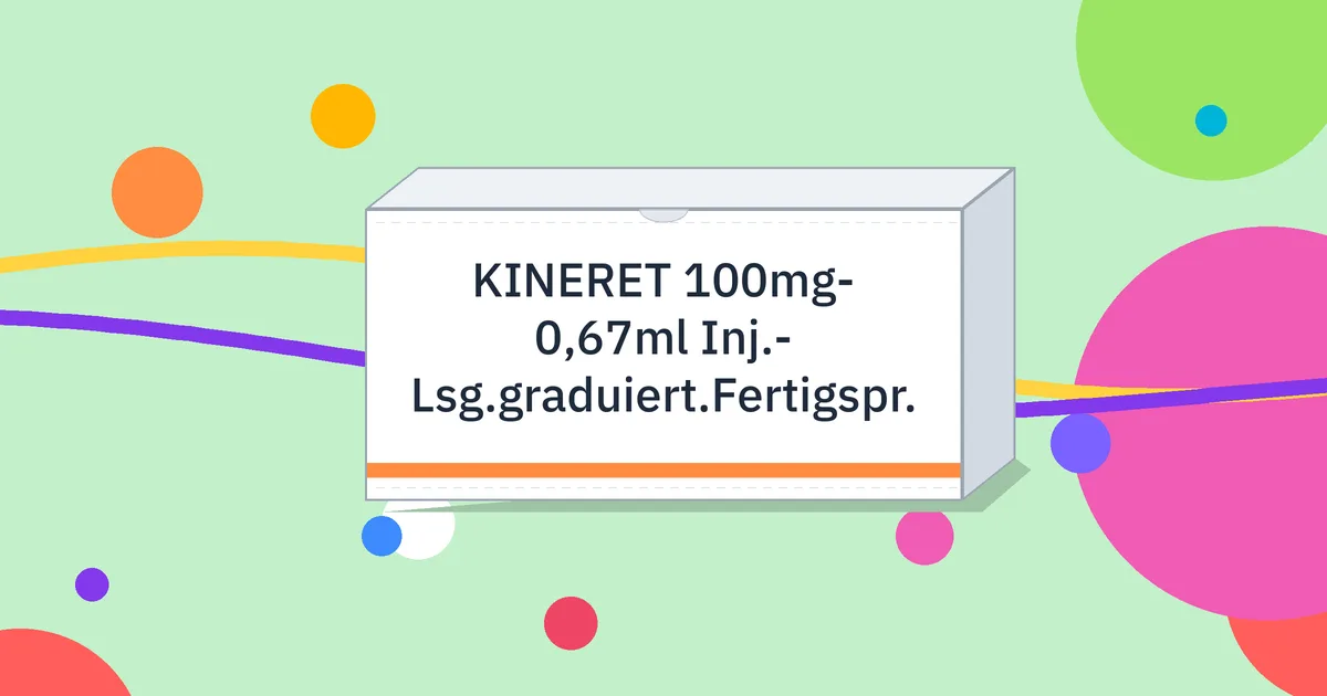 Symbolbild: Packung mit der Aufschrift KINERET 100mg-0,67ml Inj.-Lsg.graduiert.Fertigspr. (PZN 17928404) – Verfügbarkeit und Bezug in Apotheken in Frankfurt am Main