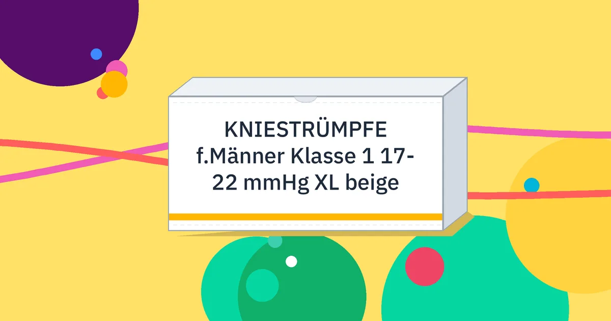 Symbolbild: Packung mit der Aufschrift KNIESTRÜMPFE f.Männer Klasse 1 17-22 mmHg XL beige (PZN 19072611) – Verfügbarkeit und Bezug in Apotheken in Frankfurt am Main
