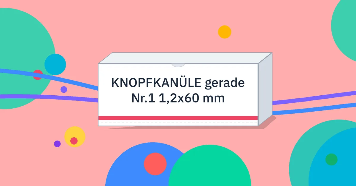 Symbolbild: Packung mit der Aufschrift KNOPFKANÜLE gerade Nr.1 1,2x60 mm (PZN 04841682) – Verfügbarkeit und Bezug in Apotheken in Frankfurt am Main