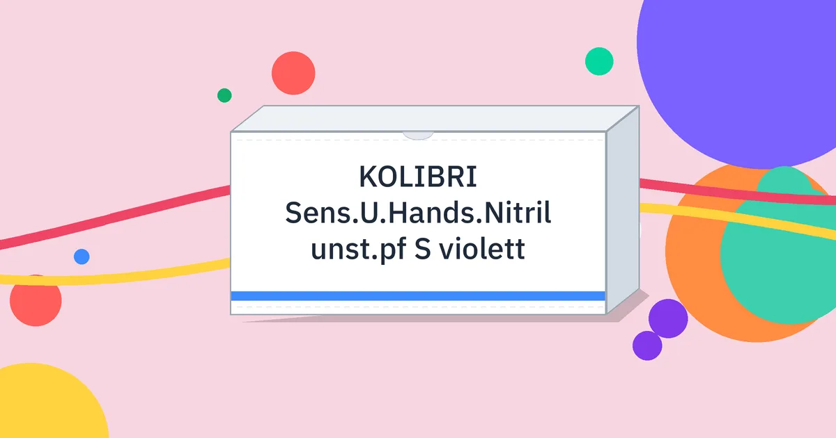 Symbolbild: Packung mit der Aufschrift KOLIBRI Sens.U.Hands.Nitril unst.pf S violett (PZN 19507173) – Verfügbarkeit und Bezug in Apotheken in Frankfurt am Main