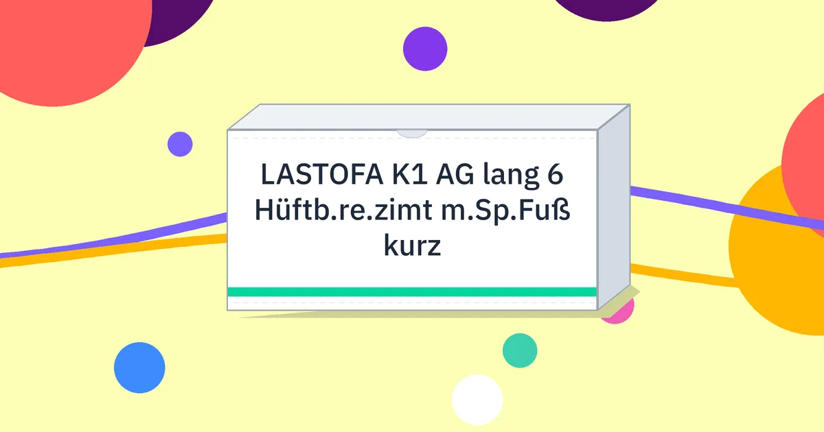 Symbolbild: Packung mit der Aufschrift LASTOFA K1 AG lang 6 Hüftb.re.zimt m.Sp.Fuß kurz (PZN 13799074) – Verfügbarkeit und Bezug in Apotheken in Frankfurt am Main
