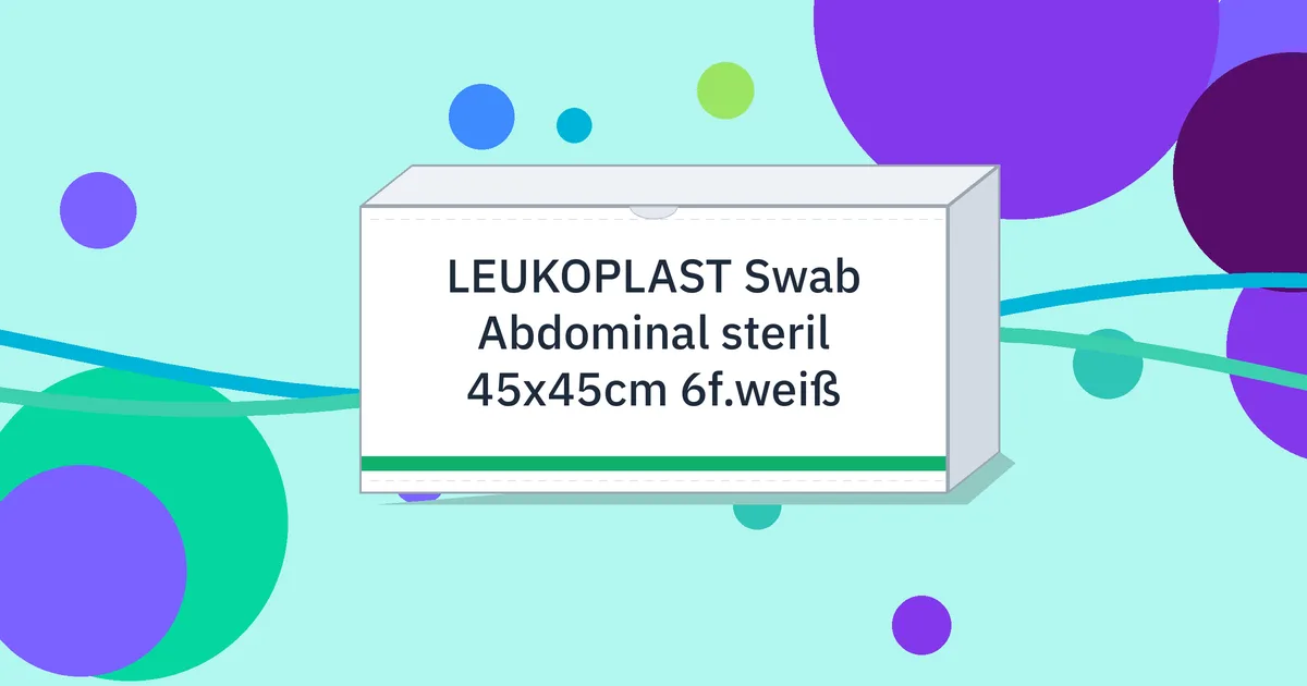 Symbolbild: Packung mit der Aufschrift LEUKOPLAST Swab Abdominal steril 45x45cm 6f.weiß (PZN 17208153) – Verfügbarkeit und Bezug in Apotheken in Frankfurt am Main