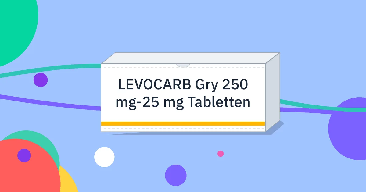 Symbolbild: Packung mit der Aufschrift LEVOCARB Gry 250 mg-25 mg Tabletten (PZN 08789872) – Verfügbarkeit und Bezug in Apotheken in Frankfurt am Main