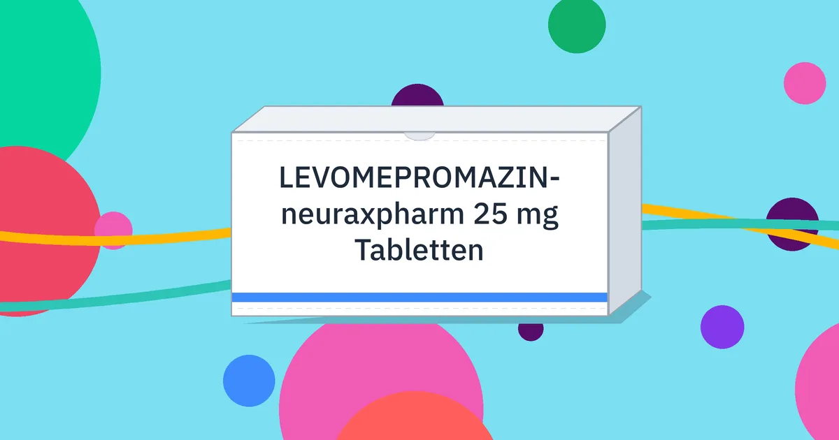 Symbolbild: Packung mit der Aufschrift LEVOMEPROMAZIN-neuraxpharm 25 mg Tabletten (PZN 03221032) – Verfügbarkeit und Bezug in Apotheken in Frankfurt am Main