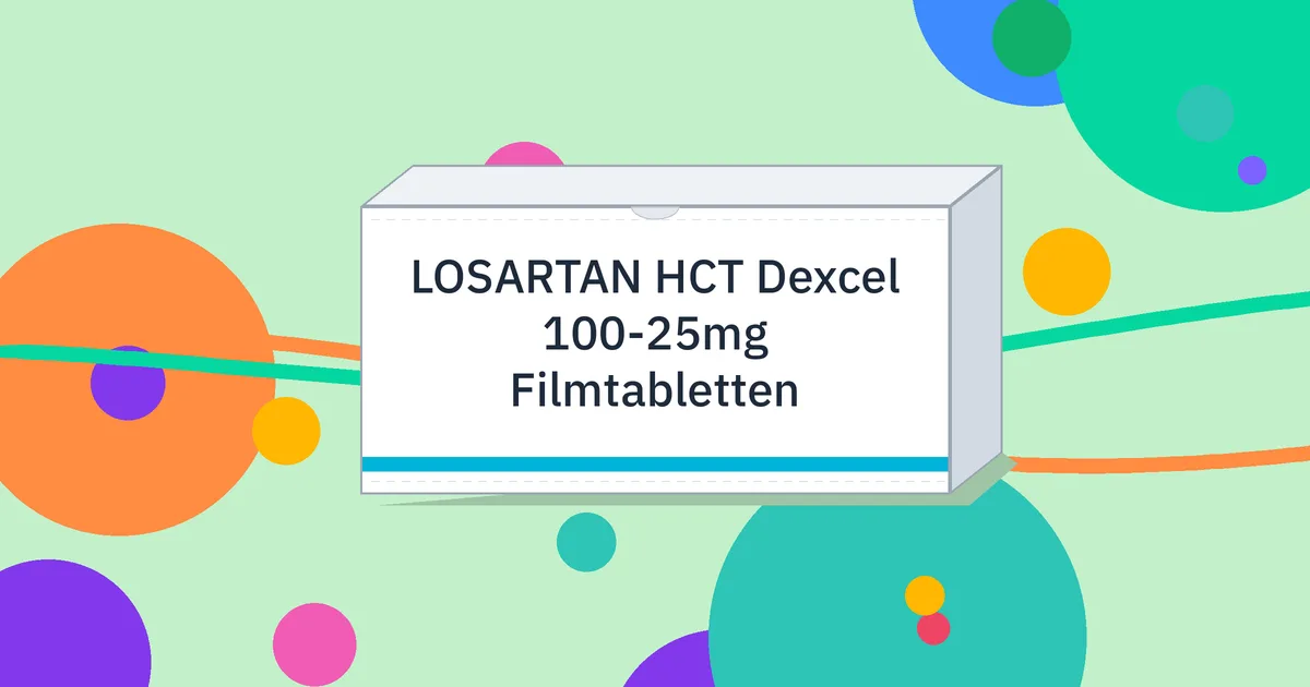 Symbolbild: Packung mit der Aufschrift LOSARTAN HCT Dexcel 100-25mg Filmtabletten (PZN 09333619) – Verfügbarkeit und Bezug in Apotheken in Frankfurt am Main