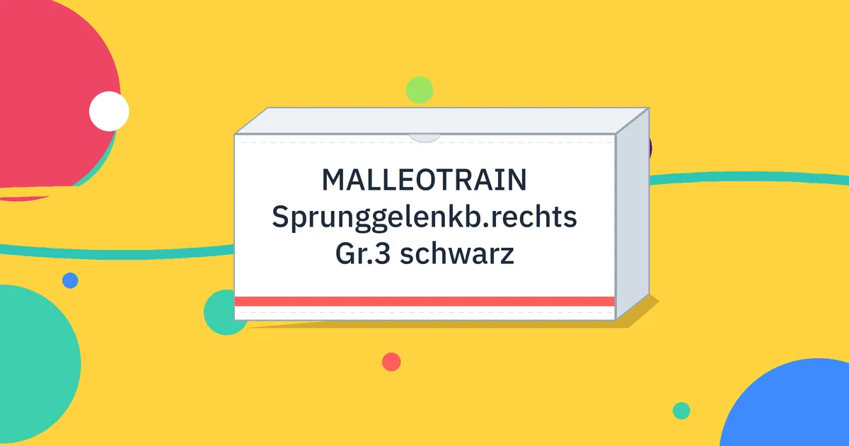 Symbolbild: Packung mit der Aufschrift MALLEOTRAIN Sprunggelenkb.rechts Gr.3 schwarz (PZN 07551358) – Verfügbarkeit und Bezug in Apotheken in Frankfurt am Main