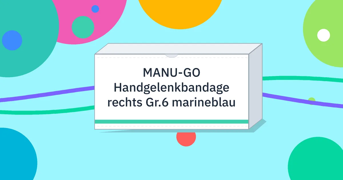Symbolbild: Packung mit der Aufschrift MANU-GO Handgelenkbandage rechts Gr.6 marineblau (PZN 19742661) – Verfügbarkeit und Bezug in Apotheken in Frankfurt am Main
