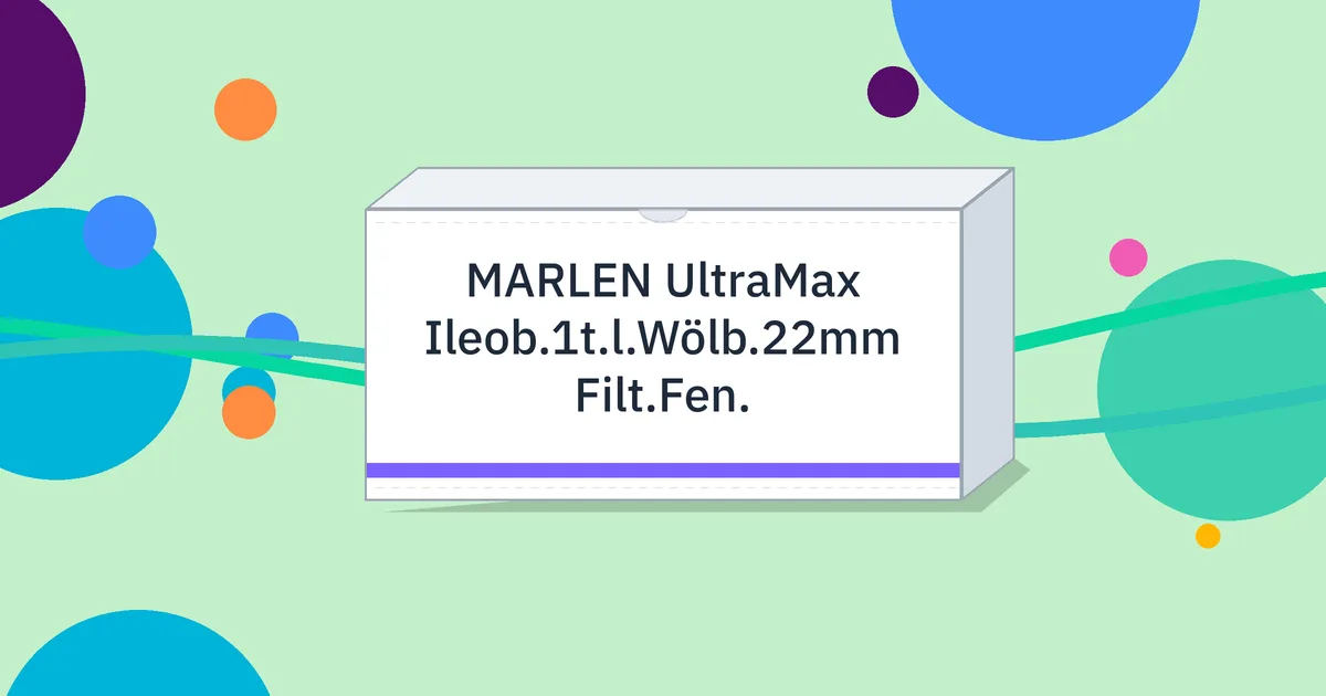 Symbolbild: Packung mit der Aufschrift MARLEN UltraMax Ileob.1t.l.Wölb.22mm Filt.Fen. (PZN 05354470) – Verfügbarkeit und Bezug in Apotheken in Frankfurt am Main