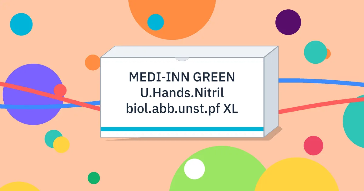 Symbolbild: Packung mit der Aufschrift MEDI-INN GREEN U.Hands.Nitril biol.abb.unst.pf XL (PZN 19626831) – Verfügbarkeit und Bezug in Apotheken in Frankfurt am Main