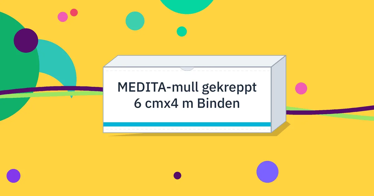 Symbolbild: Packung mit der Aufschrift MEDITA-mull gekreppt 6 cmx4 m Binden (PZN 19452101) – Verfügbarkeit und Bezug in Apotheken in Frankfurt am Main