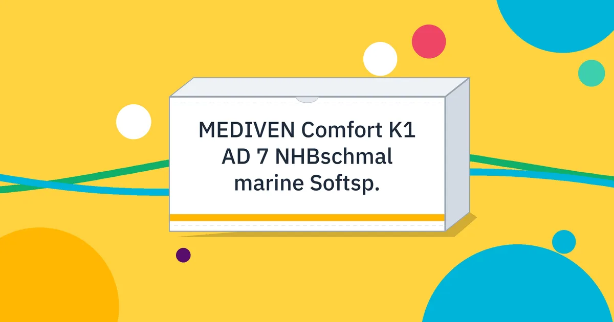 Symbolbild: Packung mit der Aufschrift MEDIVEN Comfort K1 AD 7 NHBschmal marine Softsp. (PZN 14562380) – Verfügbarkeit und Bezug in Apotheken in Frankfurt am Main