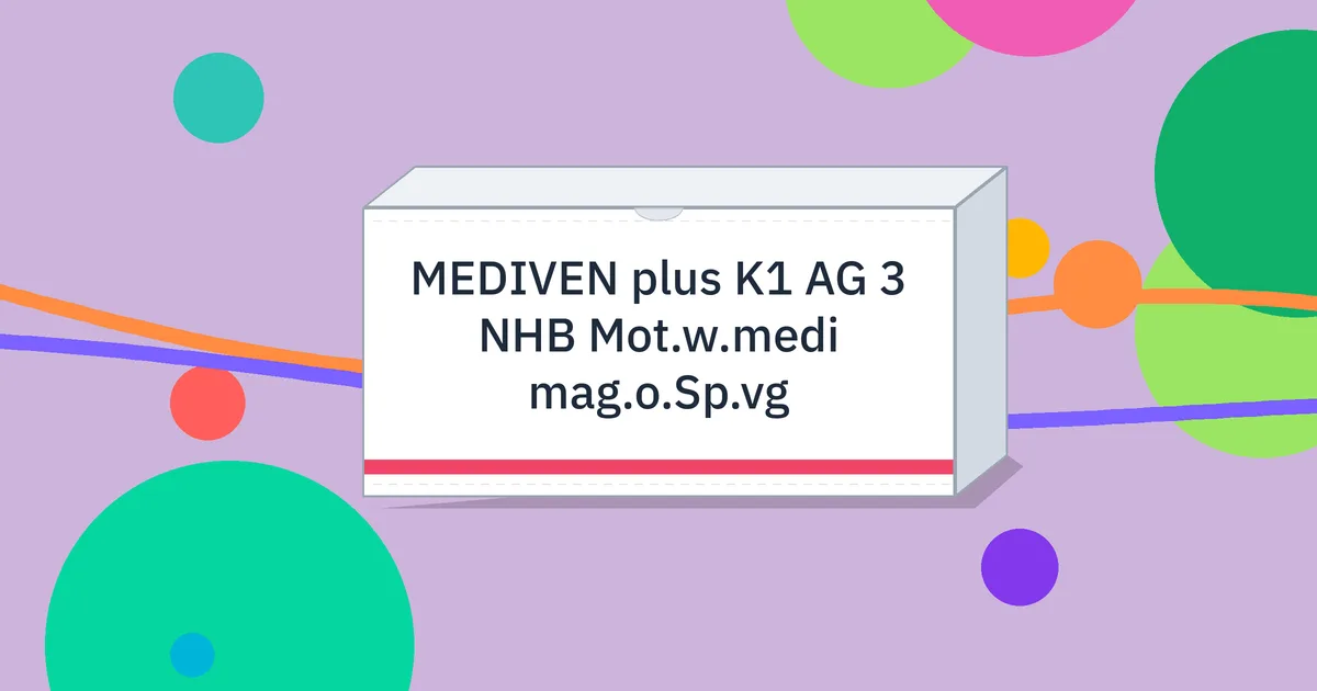 Symbolbild: Packung mit der Aufschrift MEDIVEN plus K1 AG 3 NHB Mot.w.medi mag.o.Sp.vg (PZN 15920048) – Verfügbarkeit und Bezug in Apotheken in Frankfurt am Main