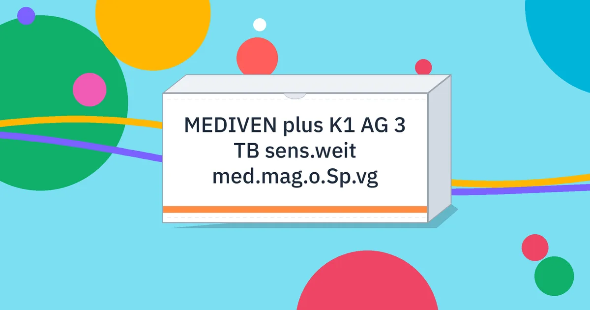 Symbolbild: Packung mit der Aufschrift MEDIVEN plus K1 AG 3 TB sens.weit med.mag.o.Sp.vg (PZN 15065502) – Verfügbarkeit und Bezug in Apotheken in Frankfurt am Main