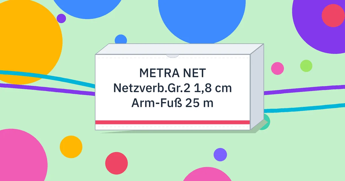 Symbolbild: Packung mit der Aufschrift METRA NET Netzverb.Gr.2 1,8 cm Arm-Fuß 25 m (PZN 07772467) – Verfügbarkeit und Bezug in Apotheken in Frankfurt am Main