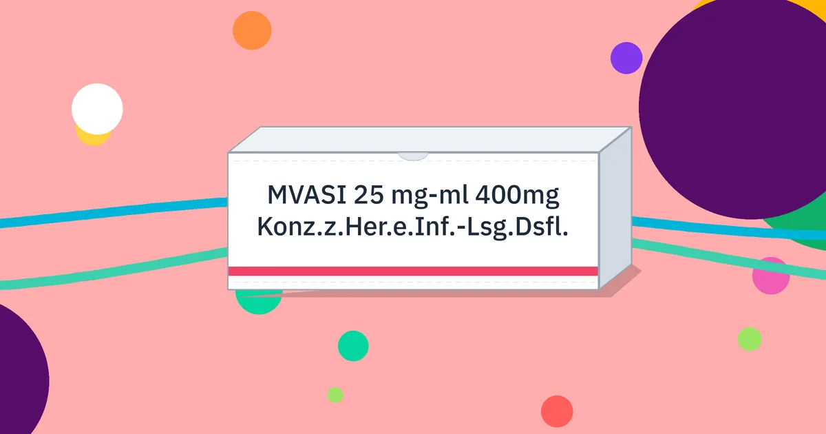 Symbolbild: Packung mit der Aufschrift MVASI 25 mg-ml 400mg Konz.z.Her.e.Inf.-Lsg.Dsfl. (PZN 16517047) – Verfügbarkeit und Bezug in Apotheken in Frankfurt am Main