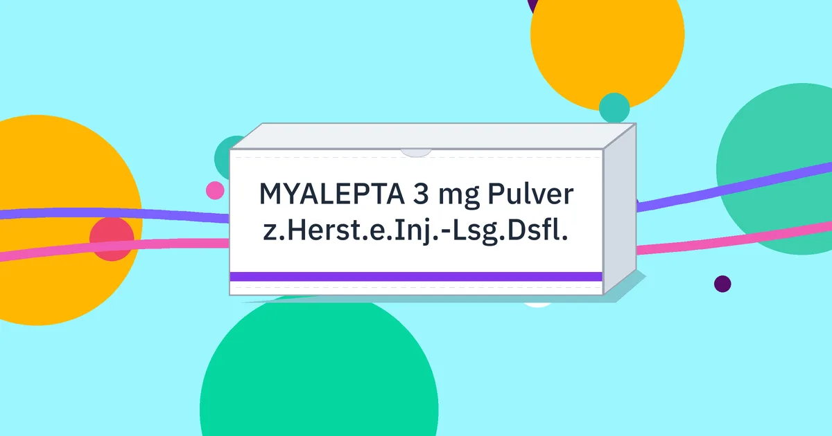Symbolbild: Packung mit der Aufschrift MYALEPTA 3 mg Pulver z.Herst.e.Inj.-Lsg.Dsfl. (PZN 14042338) – Verfügbarkeit und Bezug in Apotheken in Frankfurt am Main