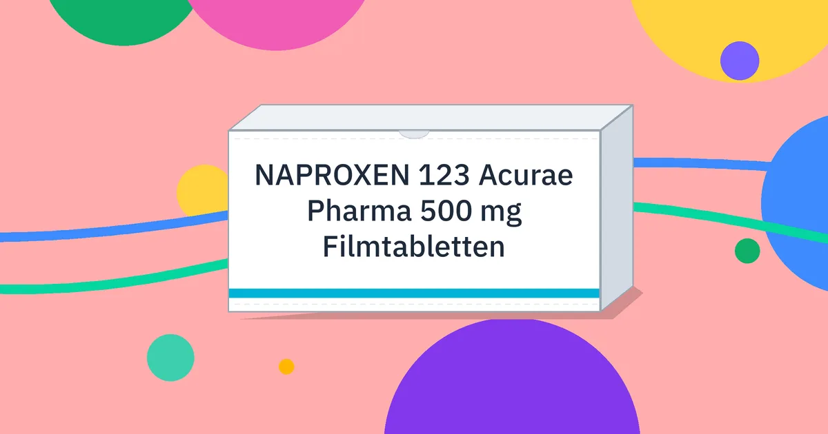 Symbolbild: Packung mit der Aufschrift NAPROXEN 123 Acurae Pharma 500 mg Filmtabletten (PZN 19477727) – Verfügbarkeit und Bezug in Apotheken in Frankfurt am Main