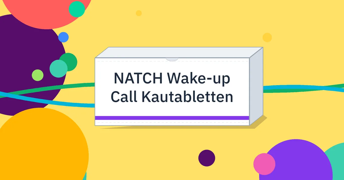 Symbolbild: Packung mit der Aufschrift NATCH Wake-up Call Kautabletten (PZN 19273605) – Verfügbarkeit und Bezug in Apotheken in Frankfurt am Main