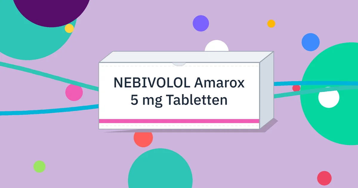 Symbolbild: Packung mit der Aufschrift NEBIVOLOL Amarox 5 mg Tabletten (PZN 16351871) – Verfügbarkeit und Bezug in Apotheken in Frankfurt am Main