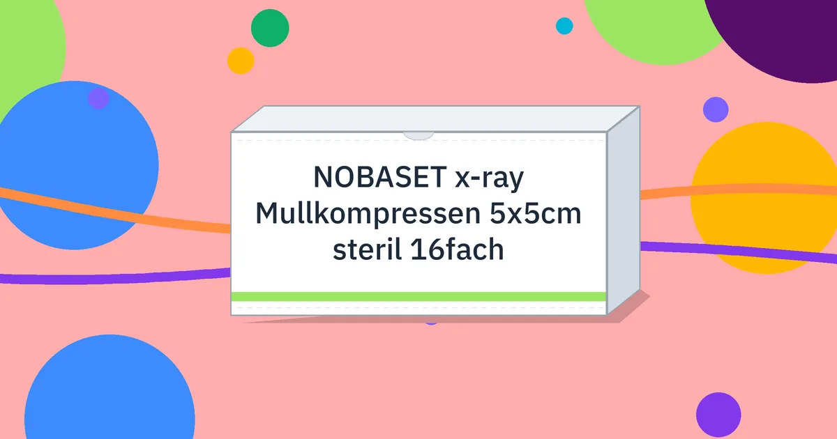 Symbolbild: Packung mit der Aufschrift NOBASET x-ray Mullkompressen 5x5cm steril 16fach (PZN 17584583) – Verfügbarkeit und Bezug in Apotheken in Frankfurt am Main
