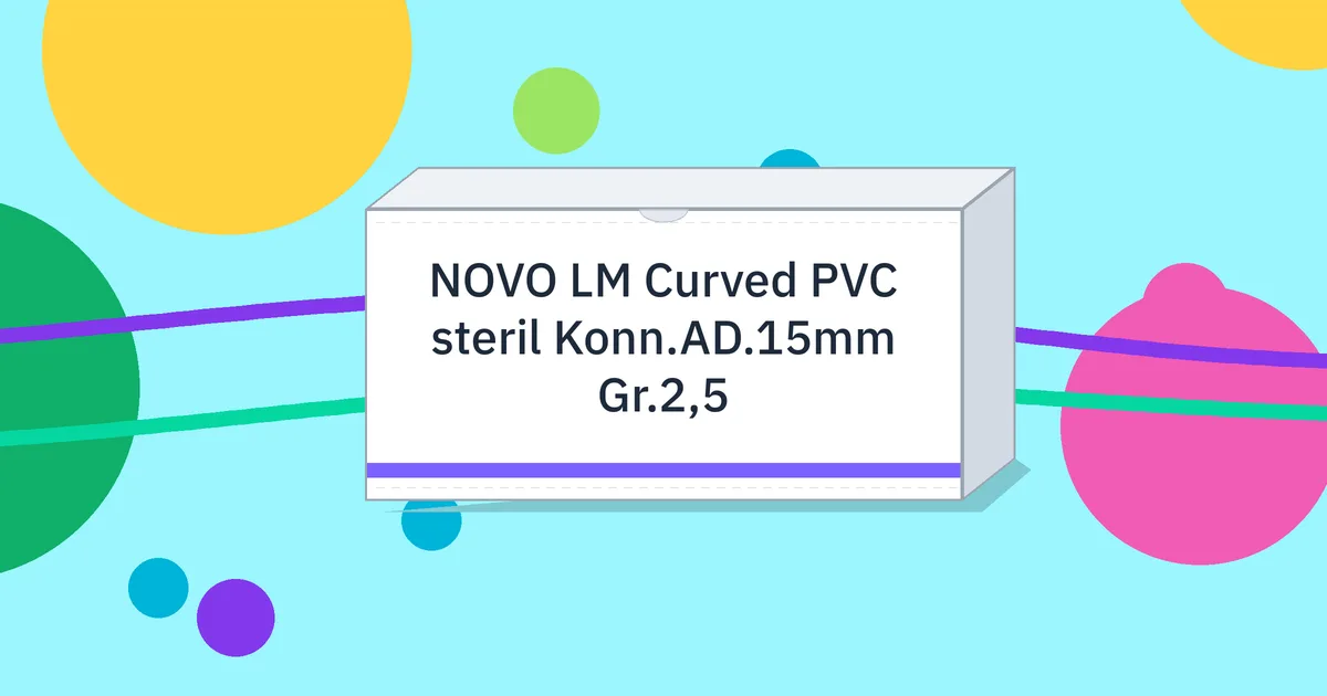 Symbolbild: Packung mit der Aufschrift NOVO LM Curved PVC steril Konn.AD.15mm Gr.2,5 (PZN 19118885) – Verfügbarkeit und Bezug in Apotheken in Frankfurt am Main