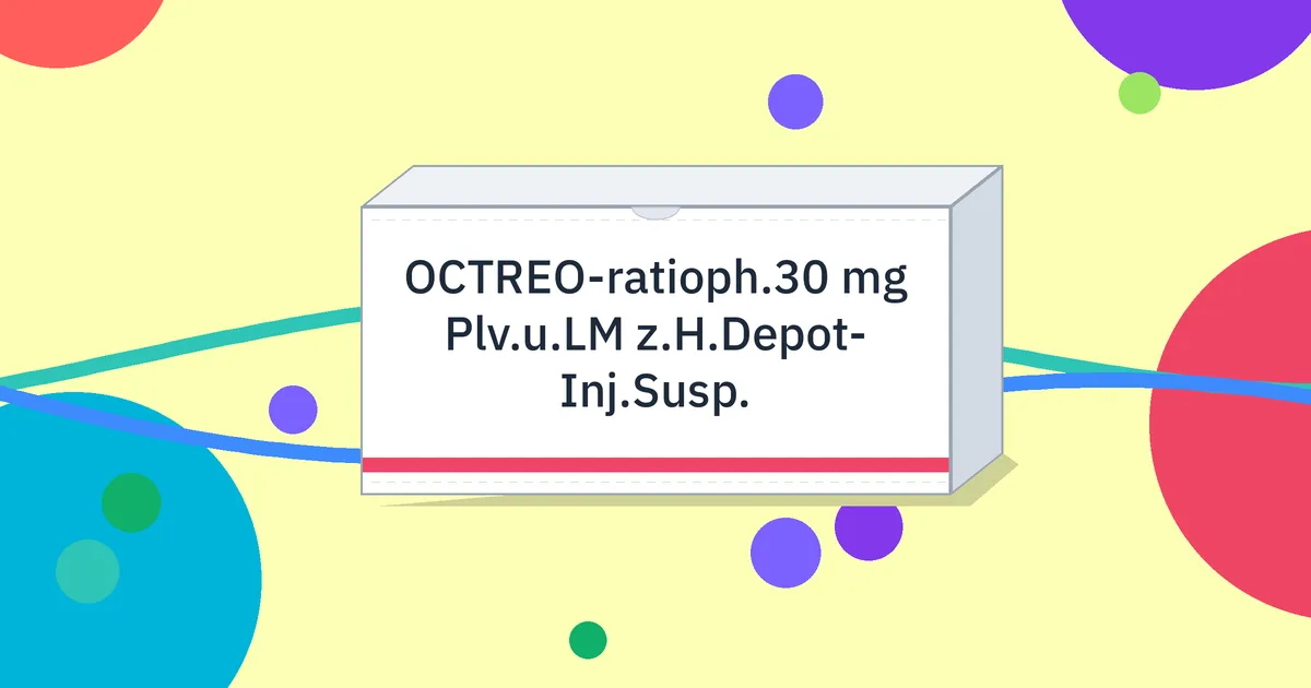 Symbolbild: Packung mit der Aufschrift OCTREO-ratioph.30 mg Plv.u.LM z.H.Depot-Inj.Susp. (PZN 14061235) – Verfügbarkeit und Bezug in Apotheken in Frankfurt am Main
