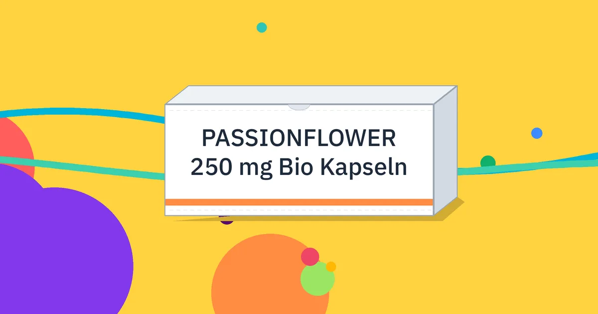 Symbolbild: Packung mit der Aufschrift PASSIONFLOWER 250 mg Bio Kapseln (PZN 18412200) – Verfügbarkeit und Bezug in Apotheken in Frankfurt am Main
