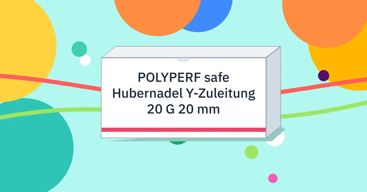 Symbolbild: Packung mit der Aufschrift POLYPERF safe Hubernadel Y-Zuleitung 20 G 20 mm (PZN 18113992) – Verfügbarkeit und Bezug in Apotheken in Frankfurt am Main