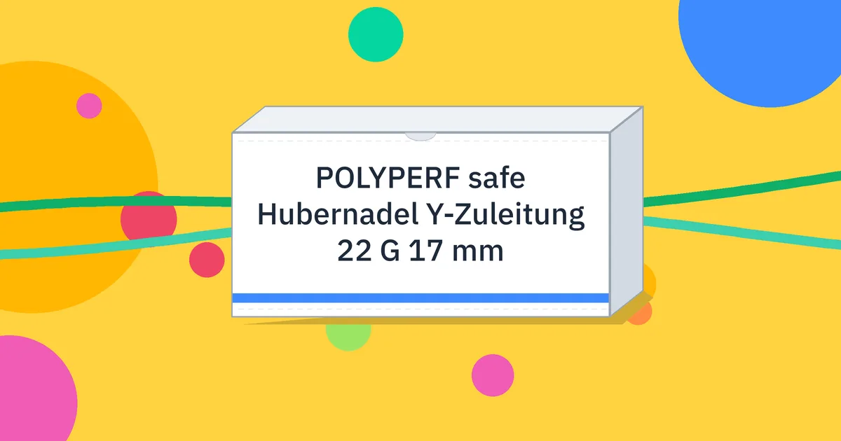 Symbolbild: Packung mit der Aufschrift POLYPERF safe Hubernadel Y-Zuleitung 22 G 17 mm (PZN 18113897) – Verfügbarkeit und Bezug in Apotheken in Frankfurt am Main